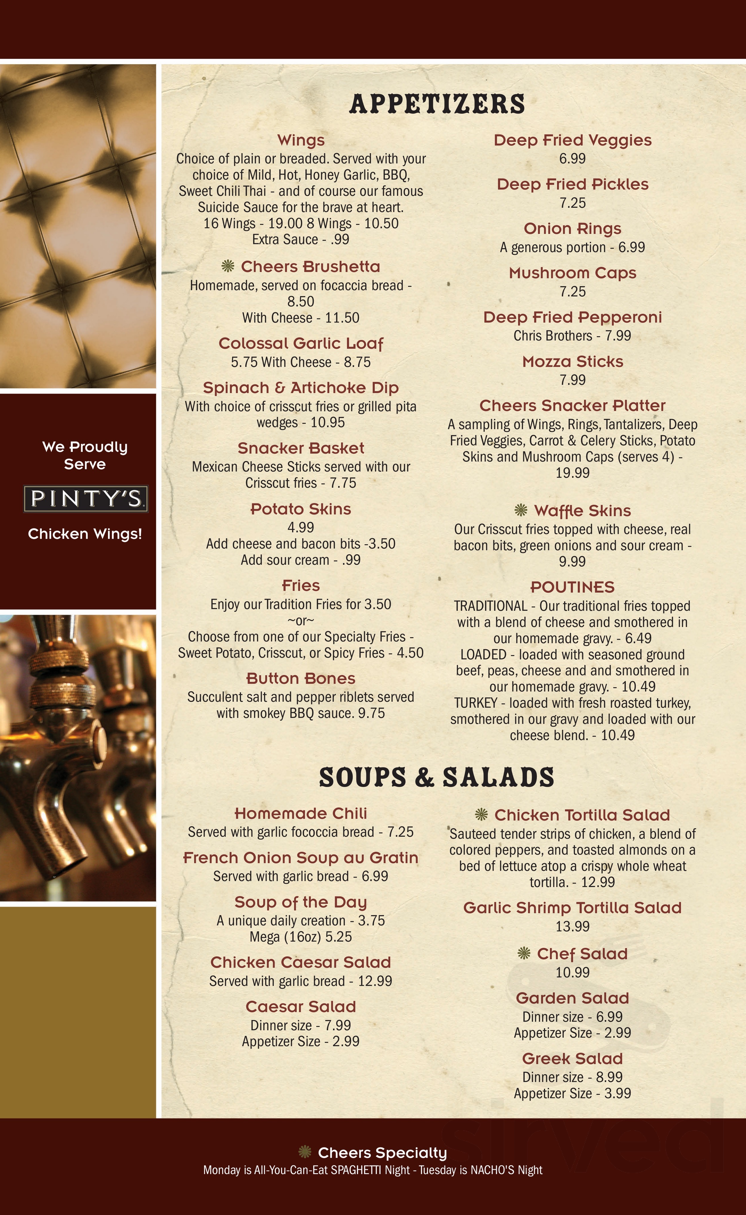 Cheers Beverage Room & Catering menu in Moncton, New Brunswick, Canada