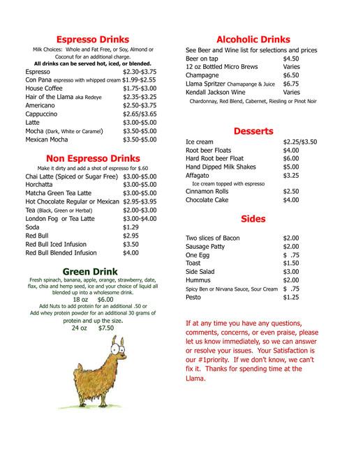 Mamma Llama Eatery and Café menu in Weaverville, California, USA