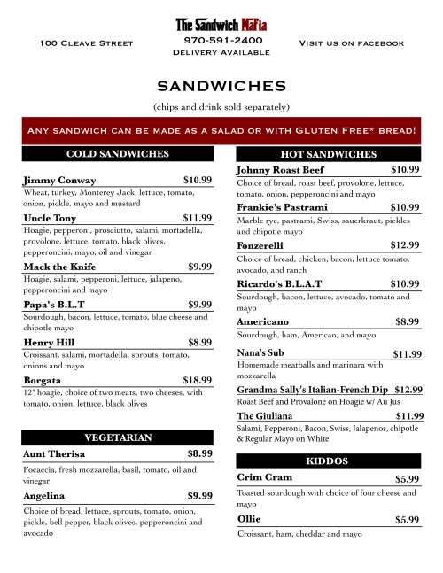 The Sandwich Mafia menu in Estes Park, Colorado, USA