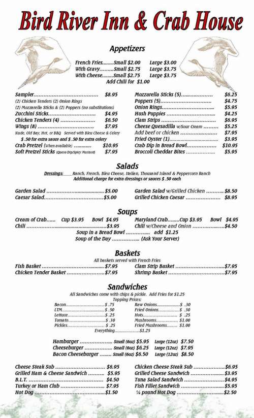 Bird River Inn menu in Middle River, Maryland, USA