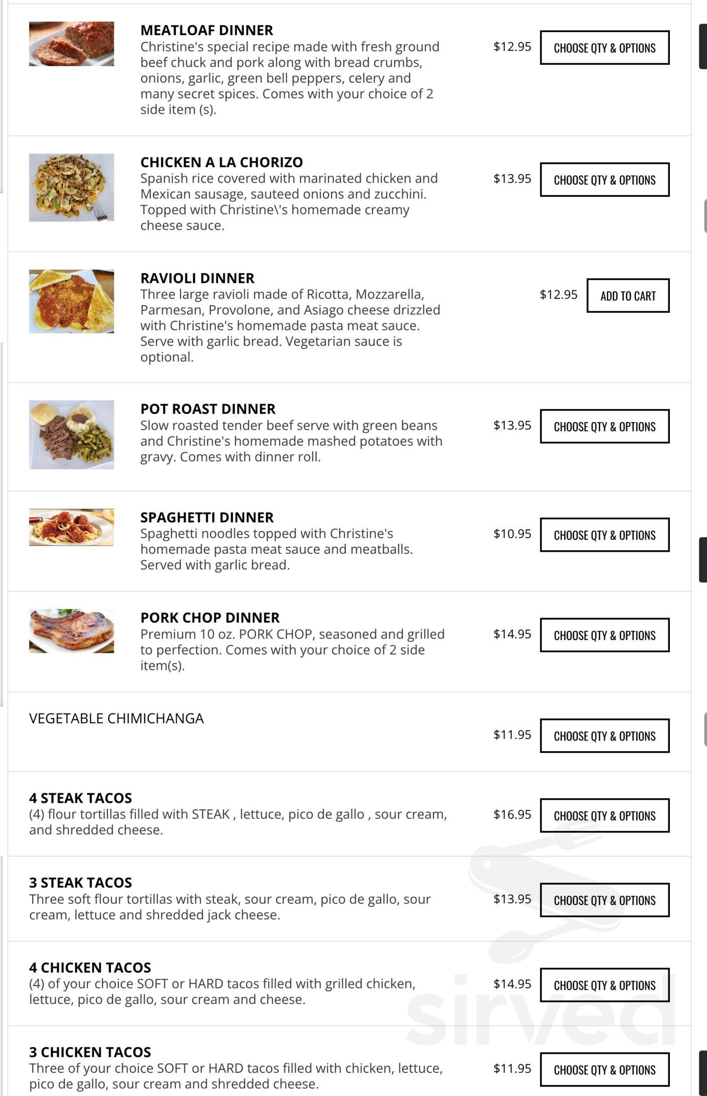 Christine's Casual Dining menu in Cincinnati, Ohio, USA