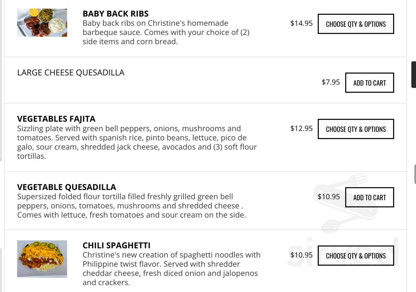 Christine's Casual Dining menu in Cincinnati, Ohio, USA