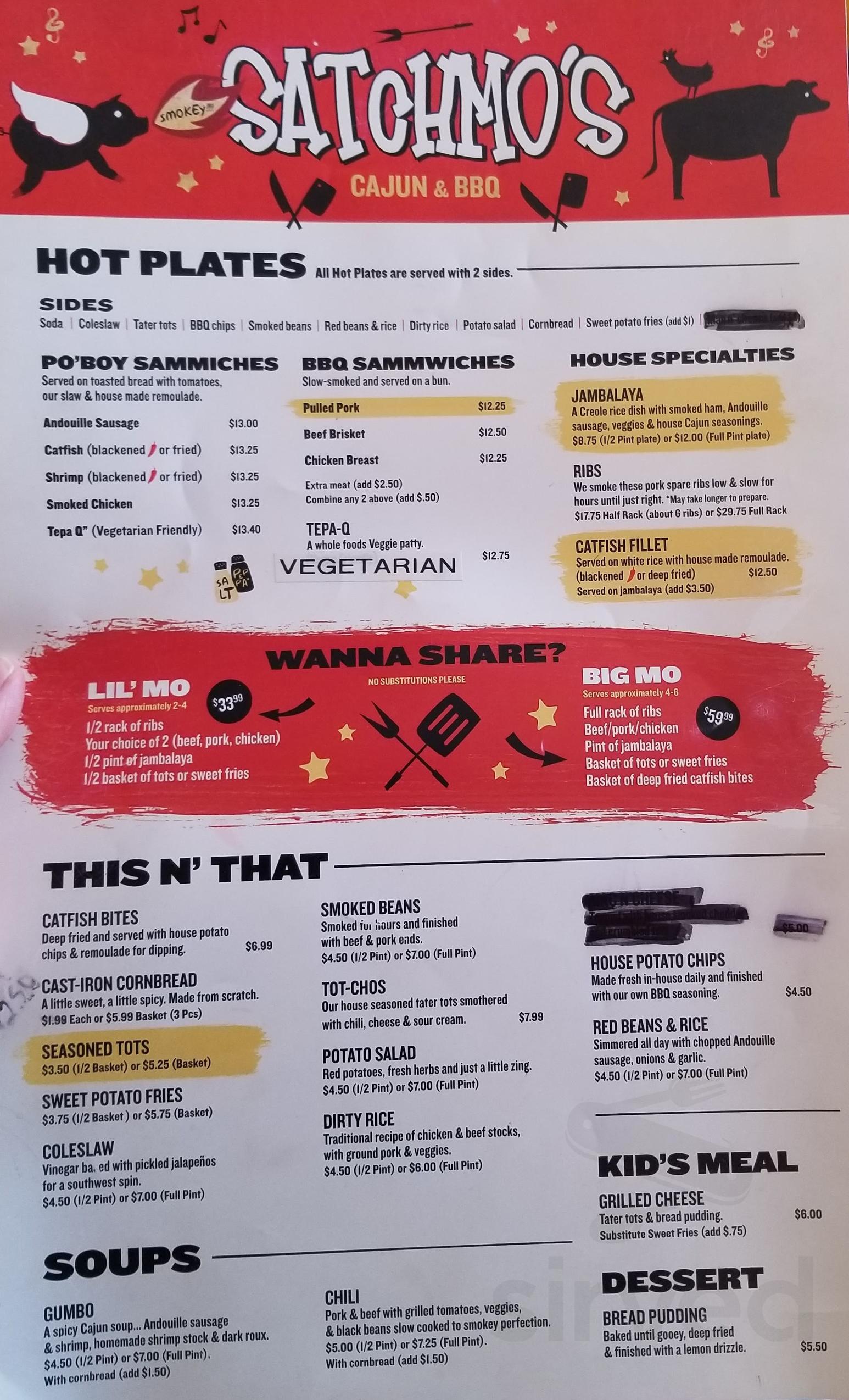 Satchmo's menu in Flagstaff, Arizona, USA