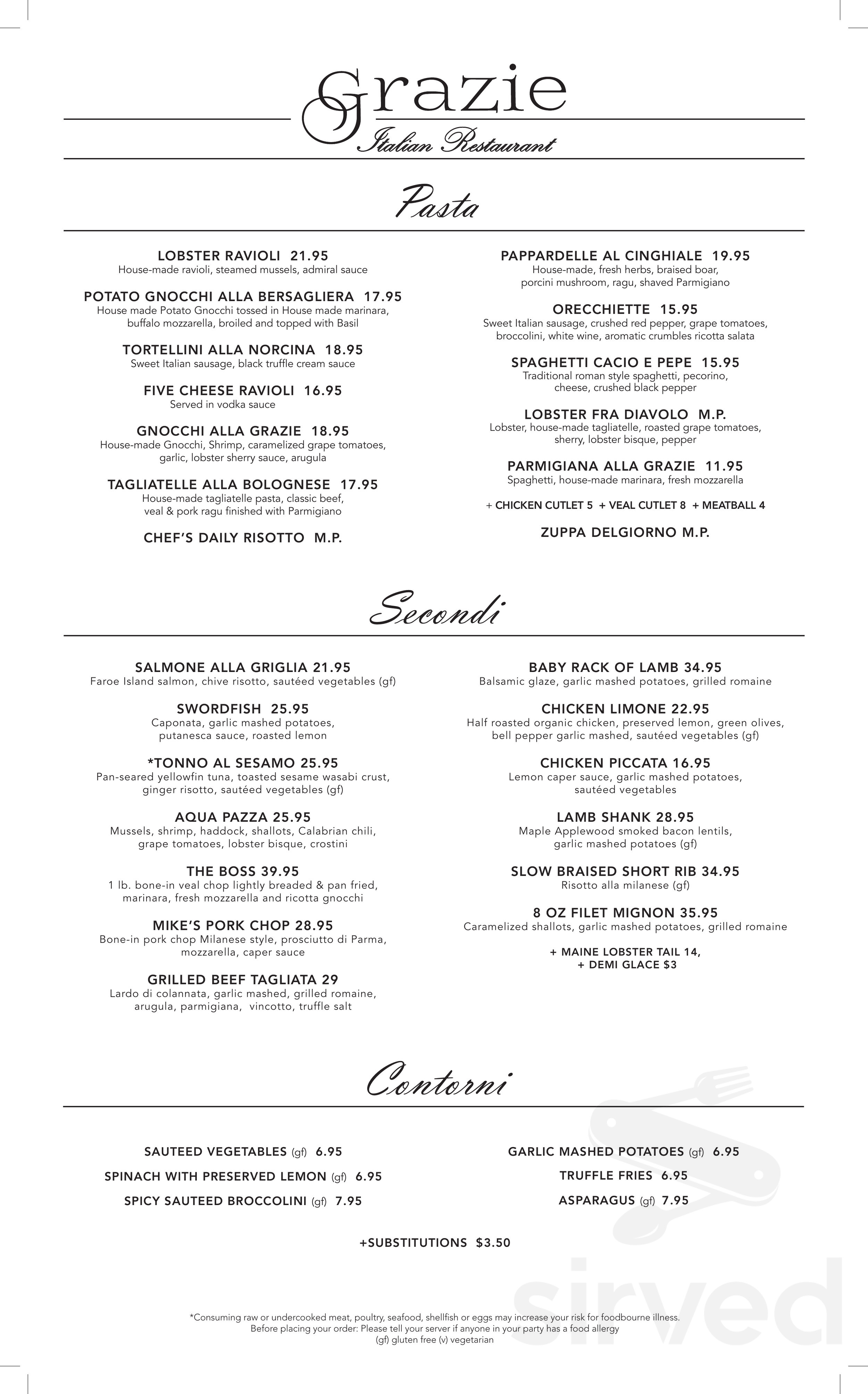 Grazie Italian Restaurant menus in Dracut, Massachusetts, United States