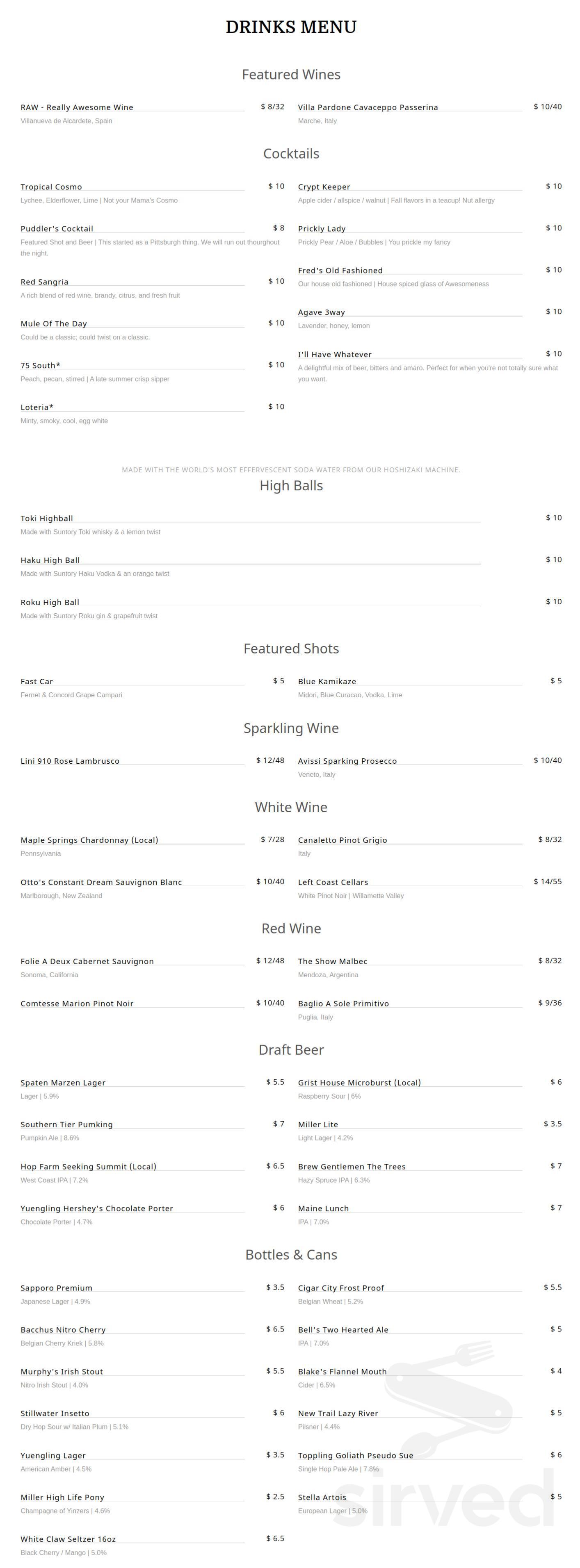 The Warren Bar & Burrow menu in Pittsburgh, Pennsylvania, USA