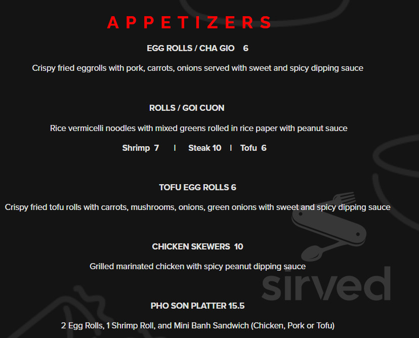 Pho Son menu in Oswego, Illinois, USA