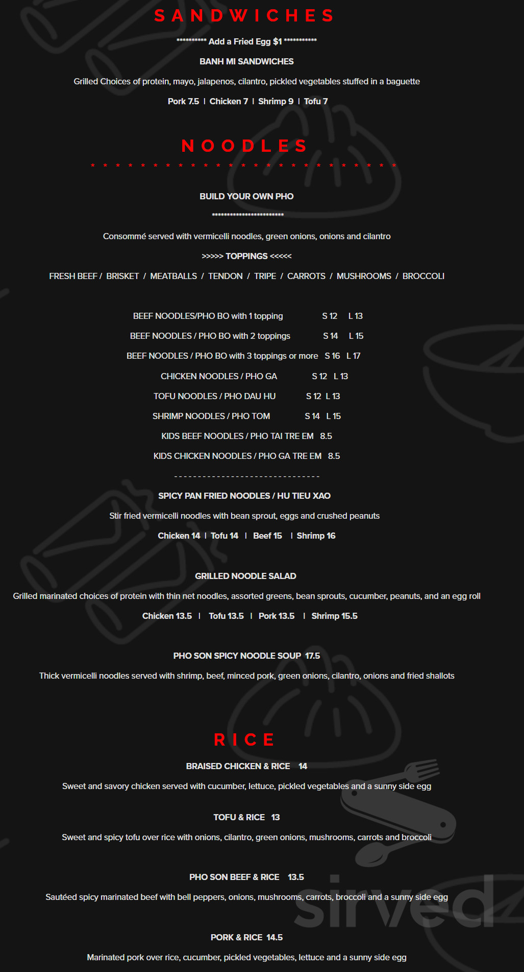 Pho Son menu in Oswego, Illinois, USA