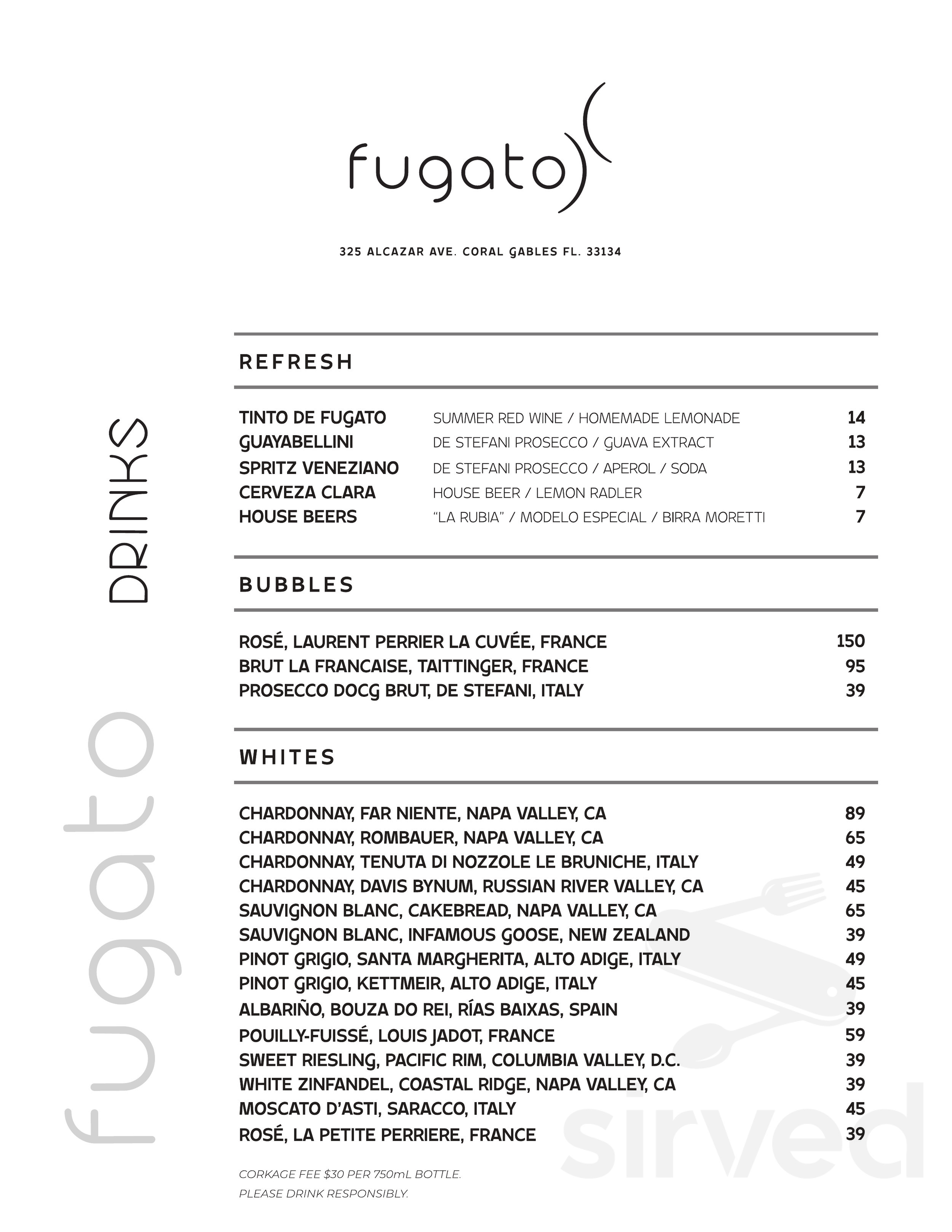 Fugato menu in Coral Gables, Florida, USA