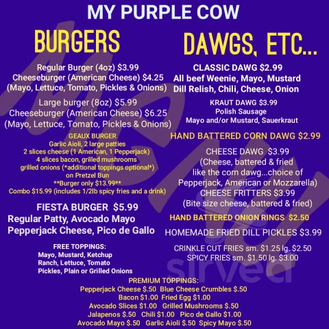 My Purple Cow menu in Winnsboro, Louisiana, USA