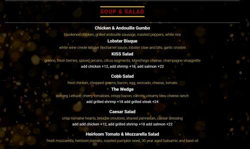 Kiss menu in Houston, Texas, USA