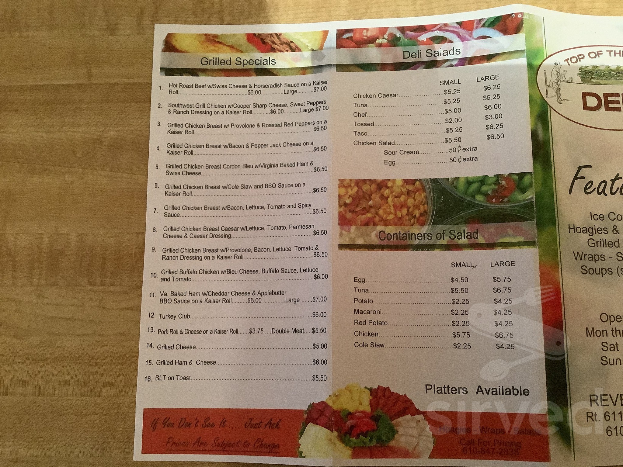 Menu for Top of the Mall Deli in Revere, PA | Sirved