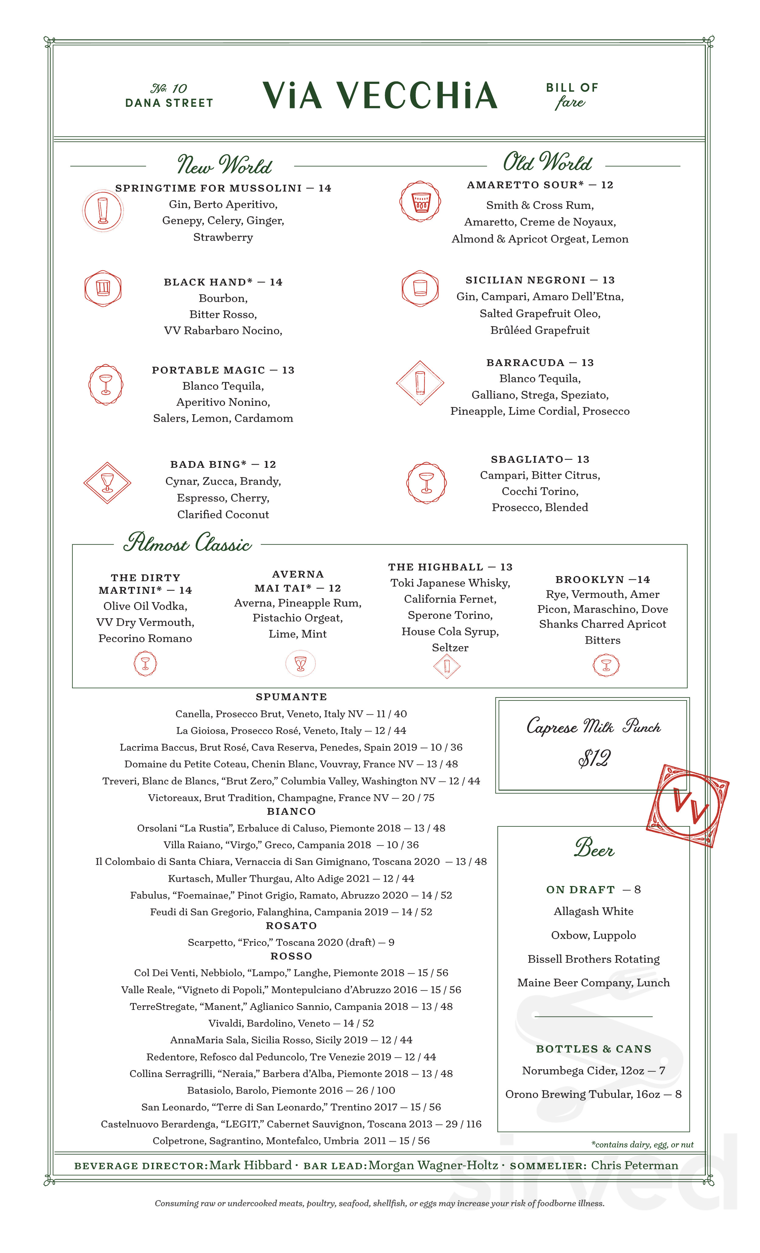 ViA VECCHiA menu in Portland, Maine, USA