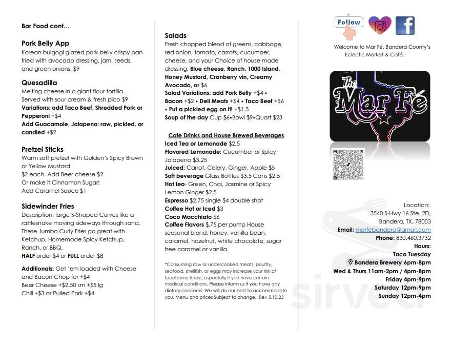Menu - Bandera TX's The MarFe Cafe Market Remix | Sirved