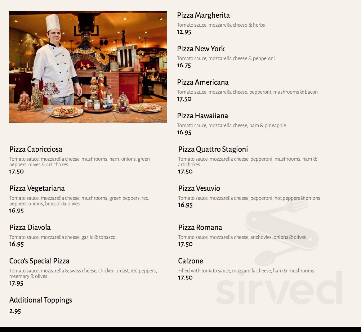 Coco's Terrace Steakhouse menu in Niagara Falls, Ontario, Canada