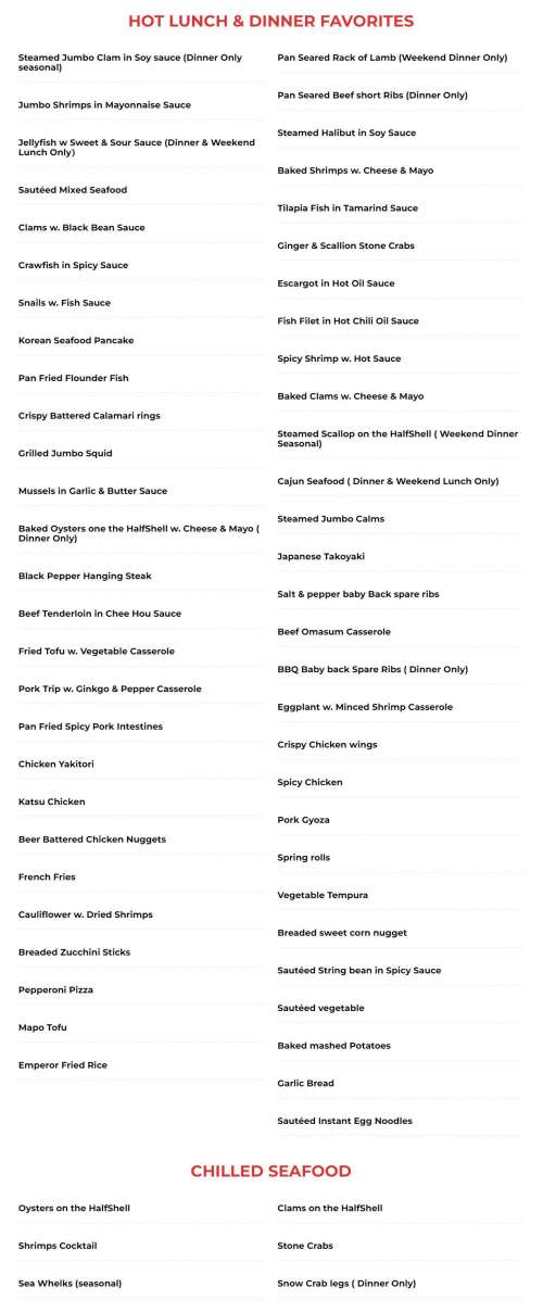 The Buffet menu in Queens, New York, USA