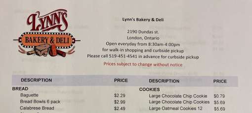 Menu for Lynn's Bakery Deli & Catering in London, ON | Sirved