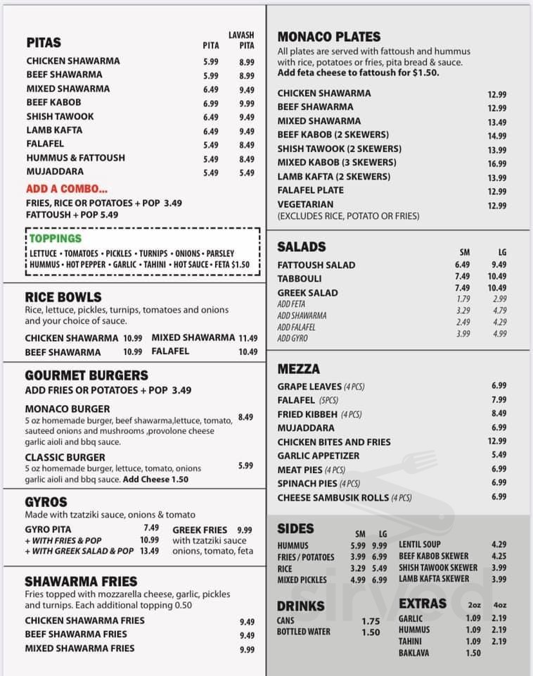 Monaco Shawarma Lebanese Grill menu in Windsor, Ontario, Canada