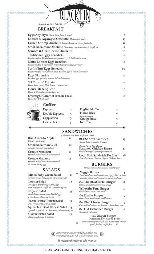 Blackfin Bistro menu in Key West, Florida, USA
