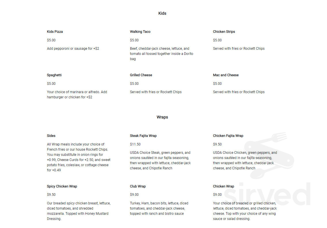 Menu - Marshalltown IA's Calvin Rockett Bar & Grill | Sirved