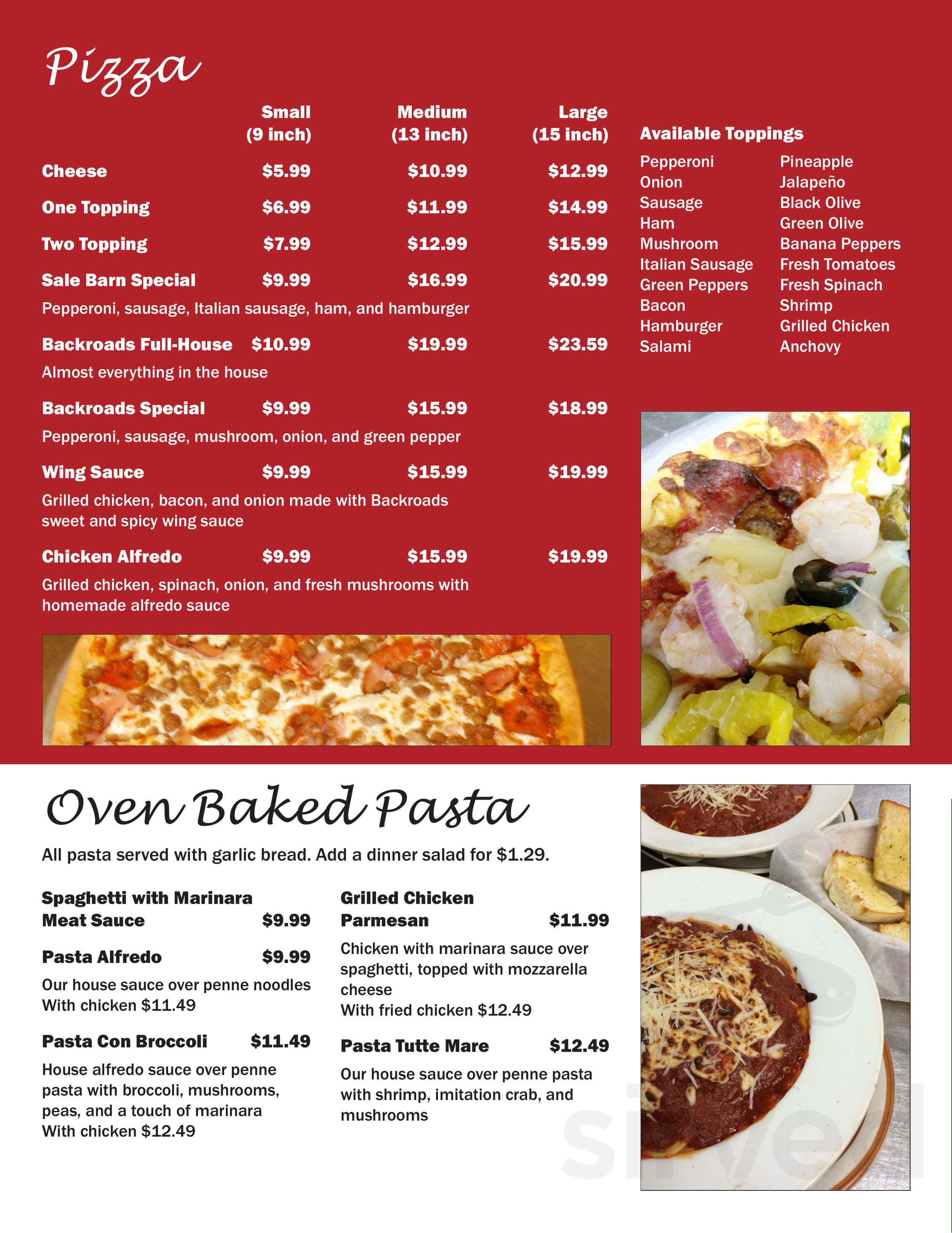 Menu - Hawk Point MO's Backroads Pizza & Grill | Sirved