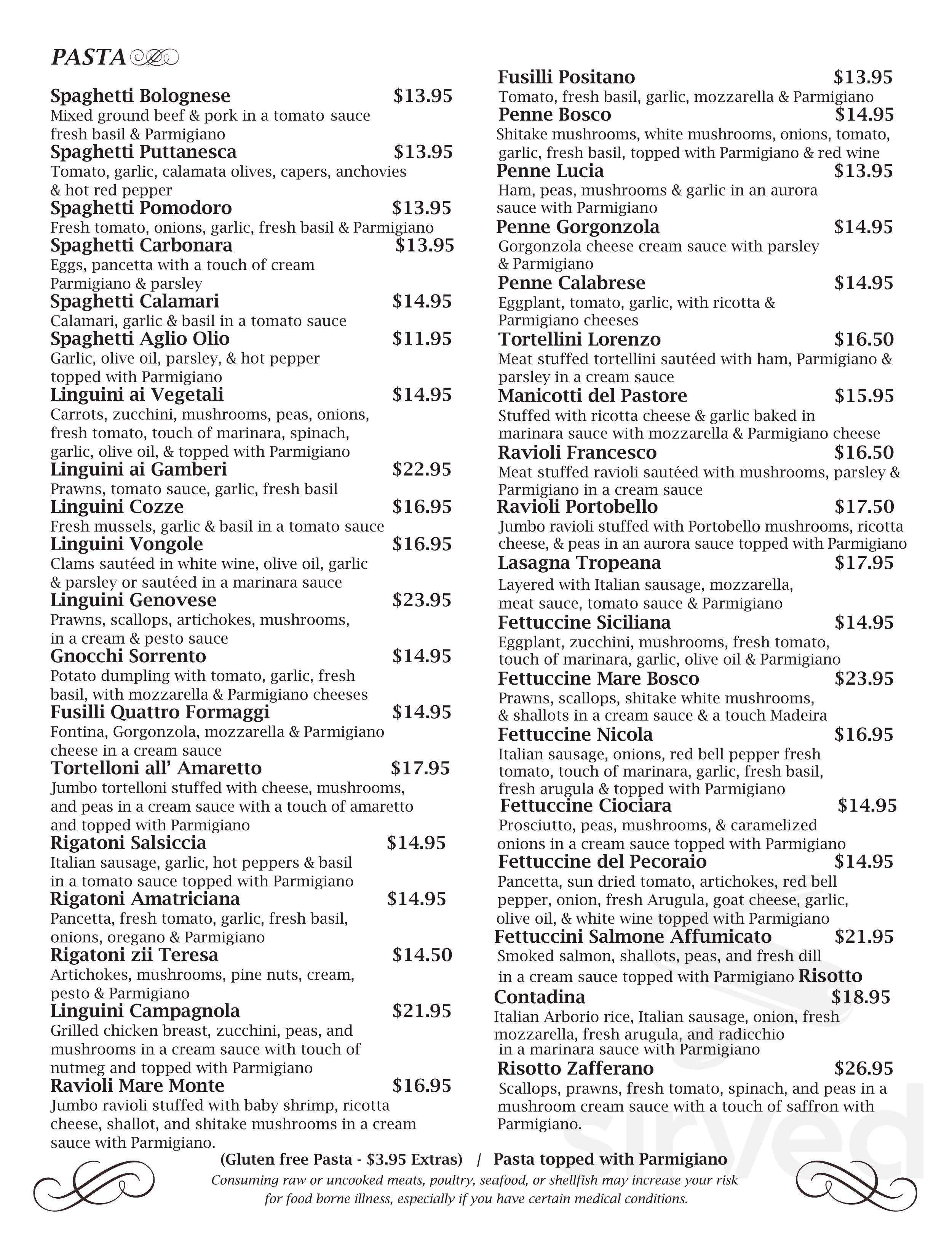 Tropea Ristorante Italiano menu in Redmond, Washington, USA