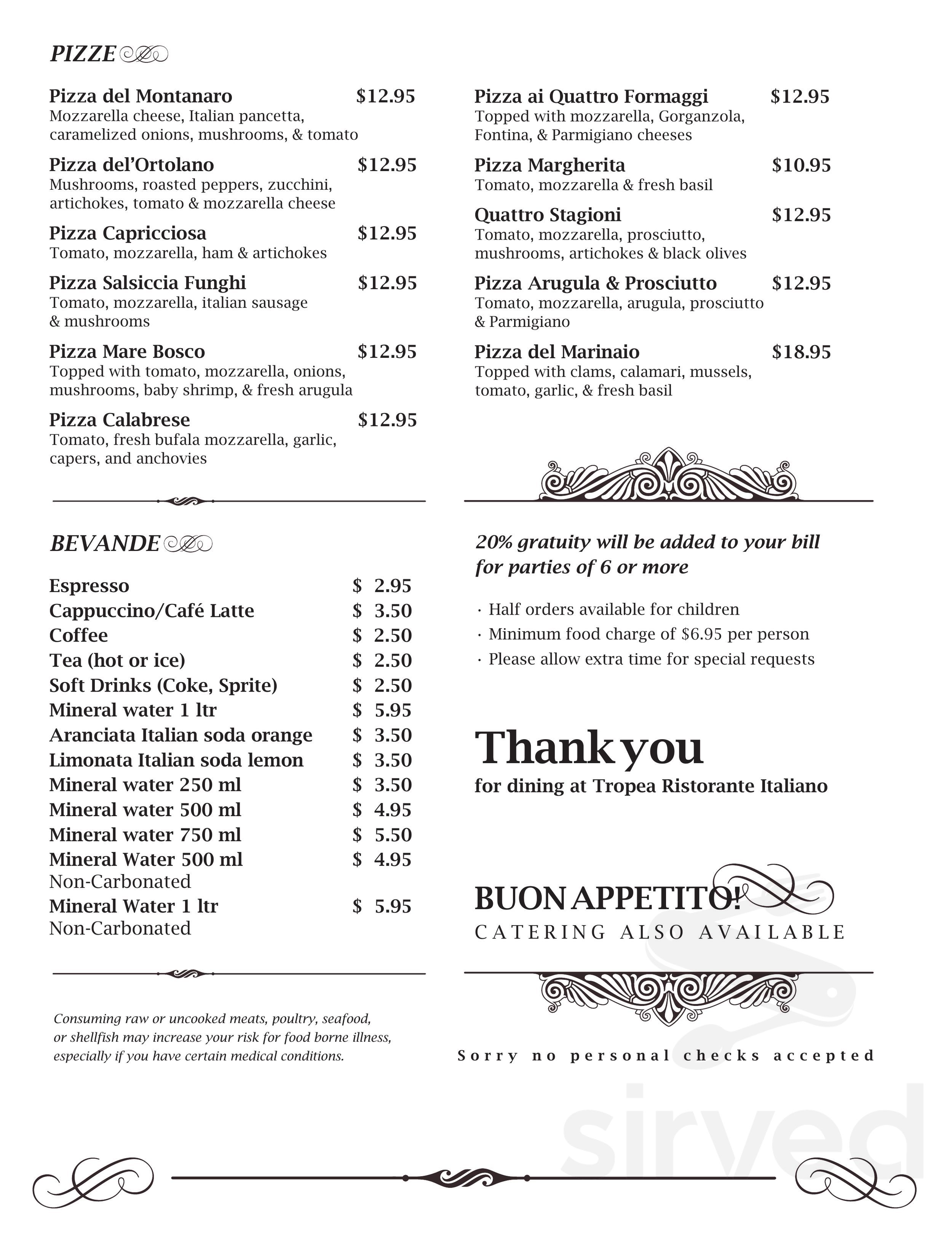 Tropea Ristorante Italiano menu in Redmond, Washington, USA