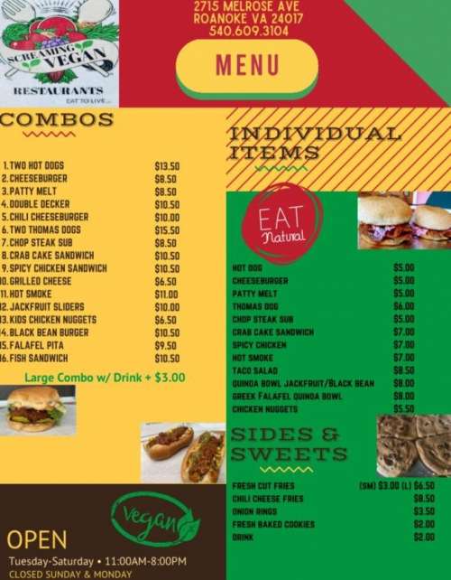 Screaming Vegan menu in Roanoke, Virginia, USA