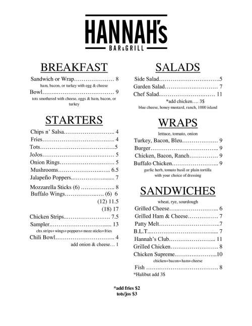 Hannah's Bar & Grille menu in Olympia, Washington, USA