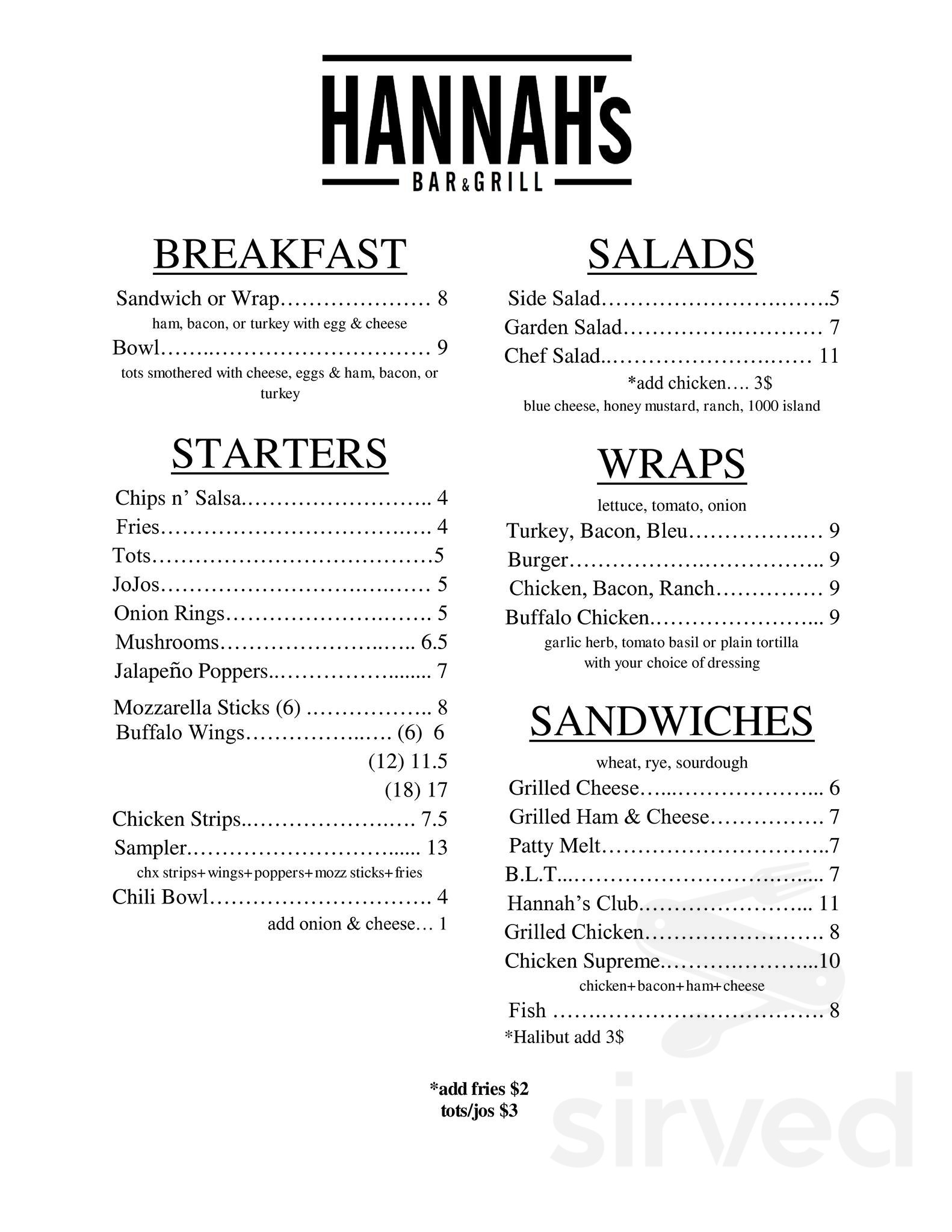 Hannah's Bar & Grille menu in Olympia, Washington, USA
