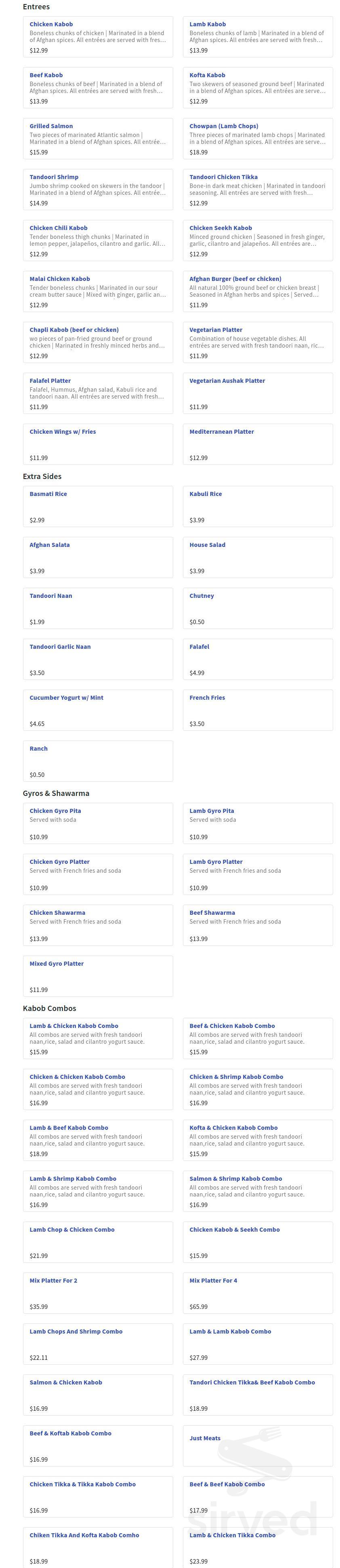 Menu - Baltimore MD's Maiwand Grill | Sirved