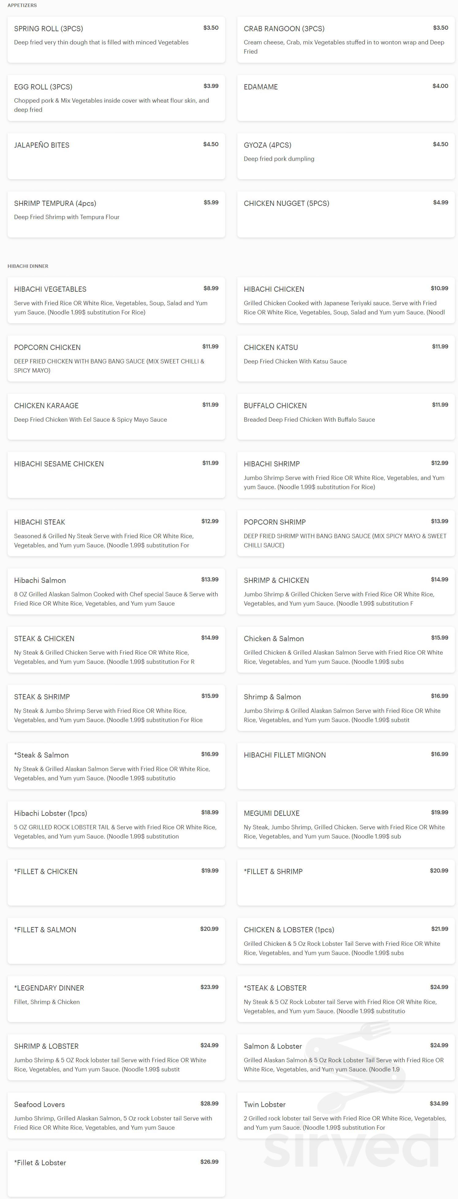 Menu - Troy OH's MEGUMI HIBACHI & SUSHI | Sirved
