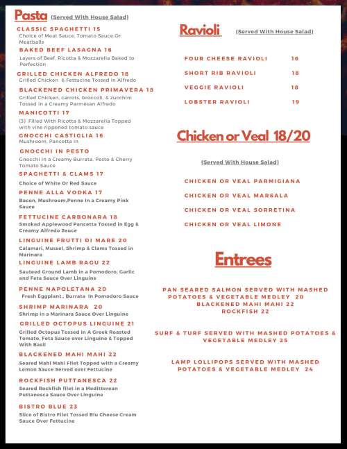 Sky Bar menu in Fredericksburg, Virginia, USA