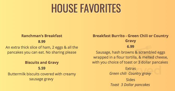 Wade's Cafe menu in Colorado Springs, Colorado, USA