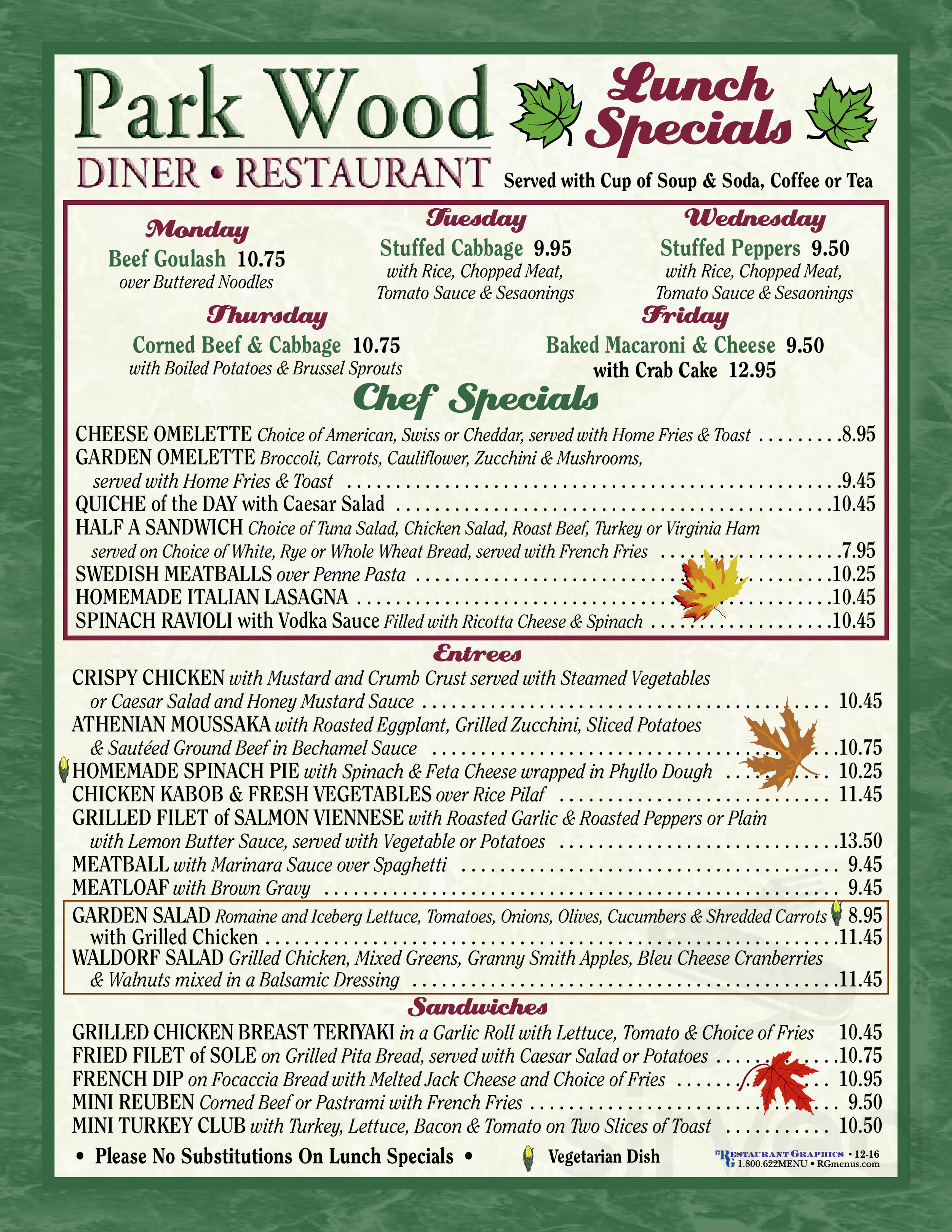 Park Wood Diner menu in Maplewood, New Jersey, USA