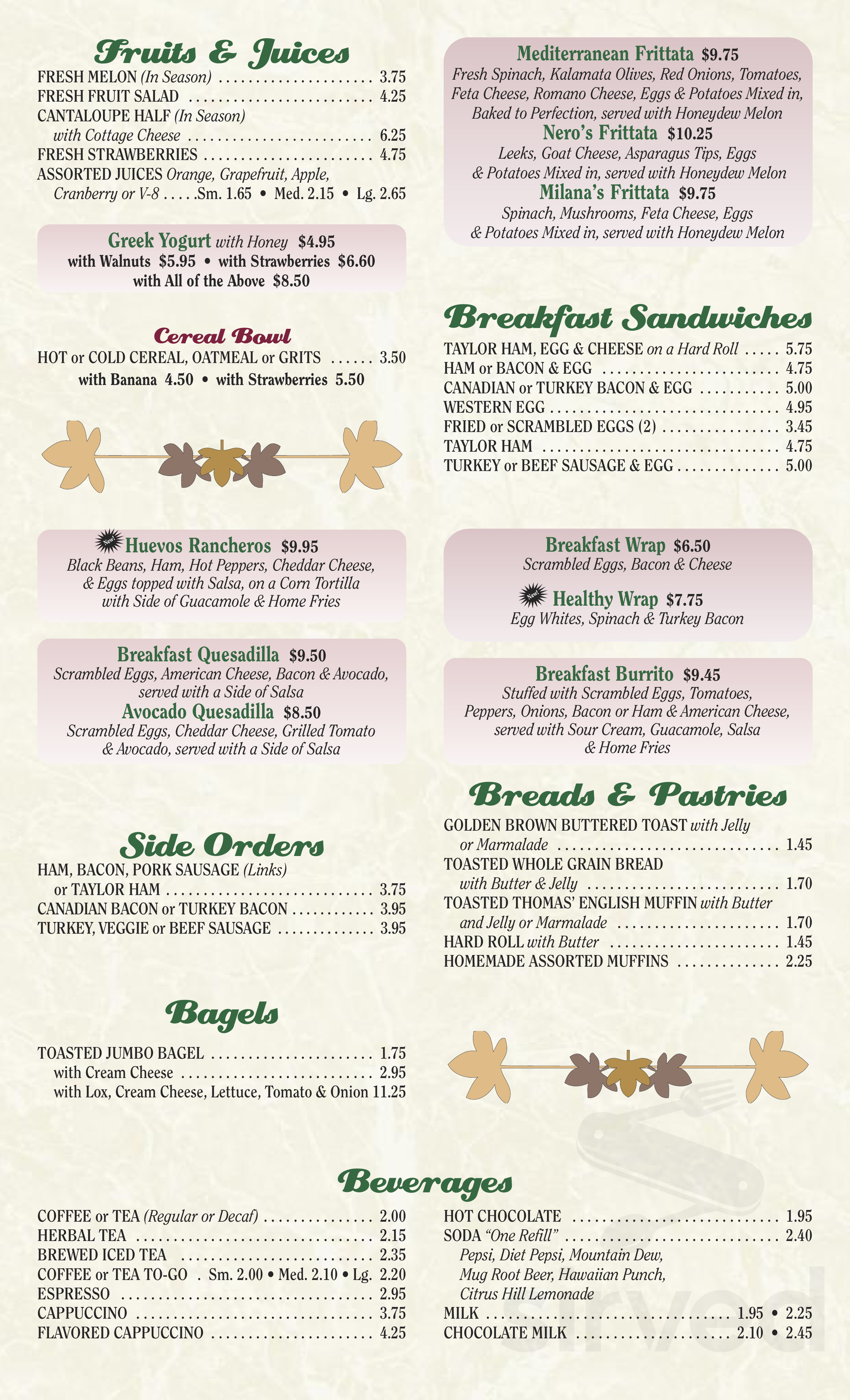 Park Wood Diner menus in Maplewood, New Jersey, United States