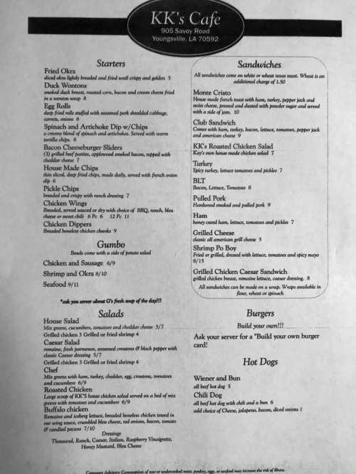 KK's Cafe menu in Youngsville, Louisiana, USA