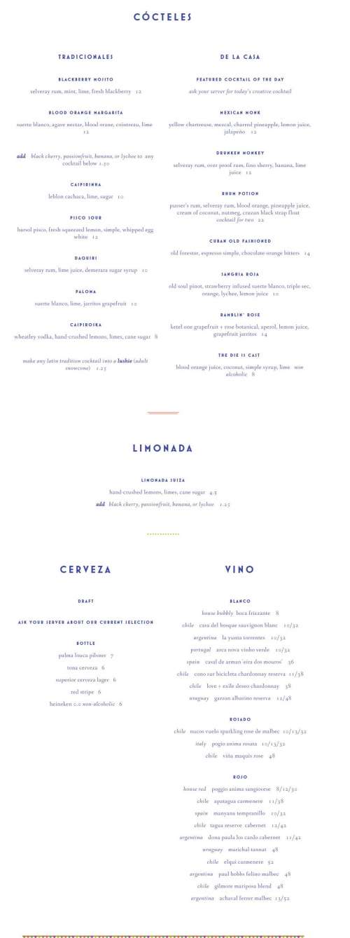 Vida menu in Knoxville, Tennessee, USA