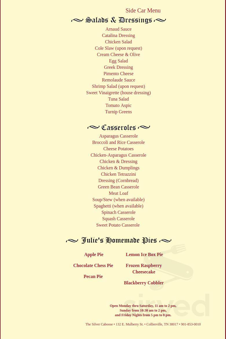 Silver Caboose Restaurant & Soda Fountain menus in Collierville ...