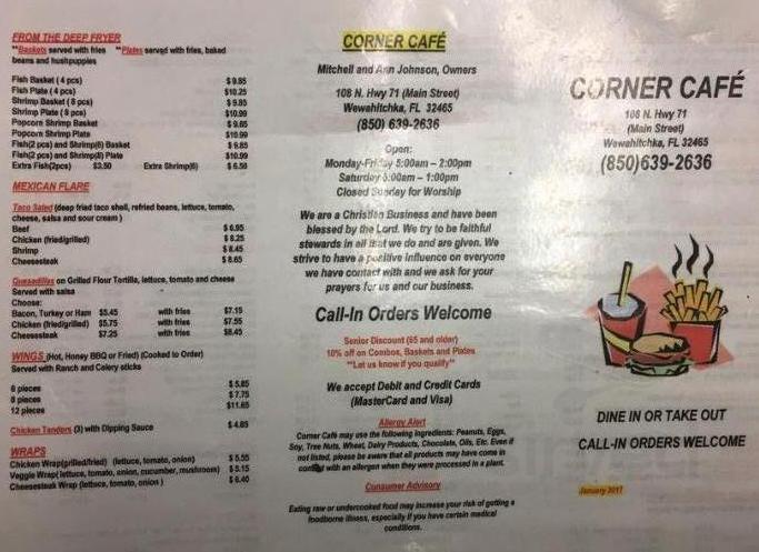 CORNER CAFE menu in Wewahitchka, Florida, USA