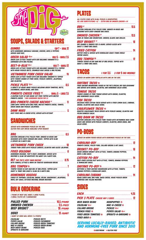 PiggyBack menu in Chapel Hill, North Carolina, USA