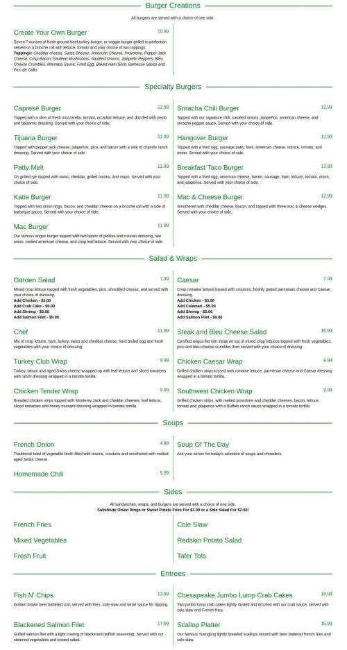 Main Street Pub menu in Clifton, Virginia, USA