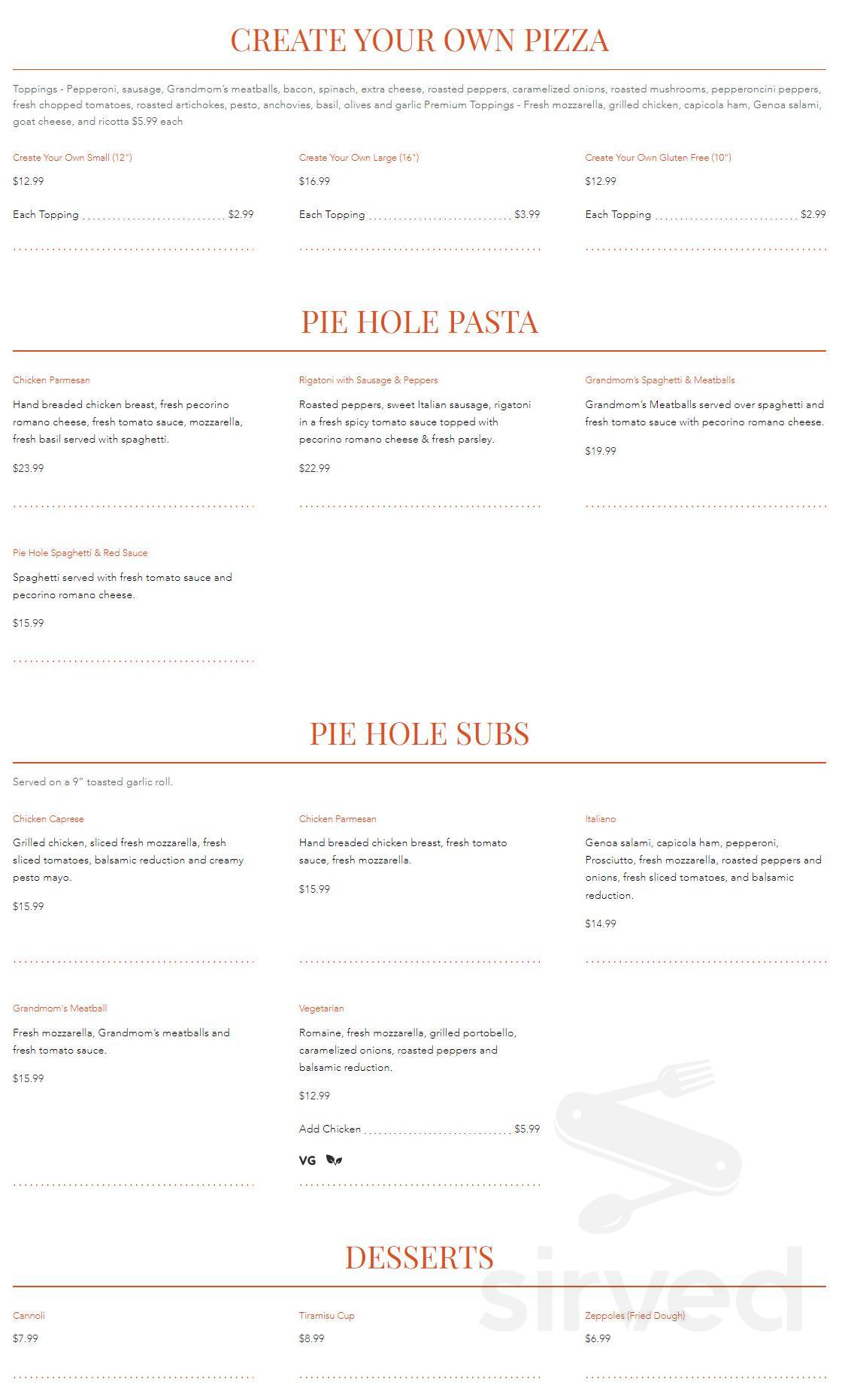 Pie Hole Wood Pizza menu in Fort Pierce, Florida, USA