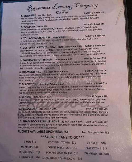 Ravenous Brewing Company menu in Cumberland, Rhode Island, USA