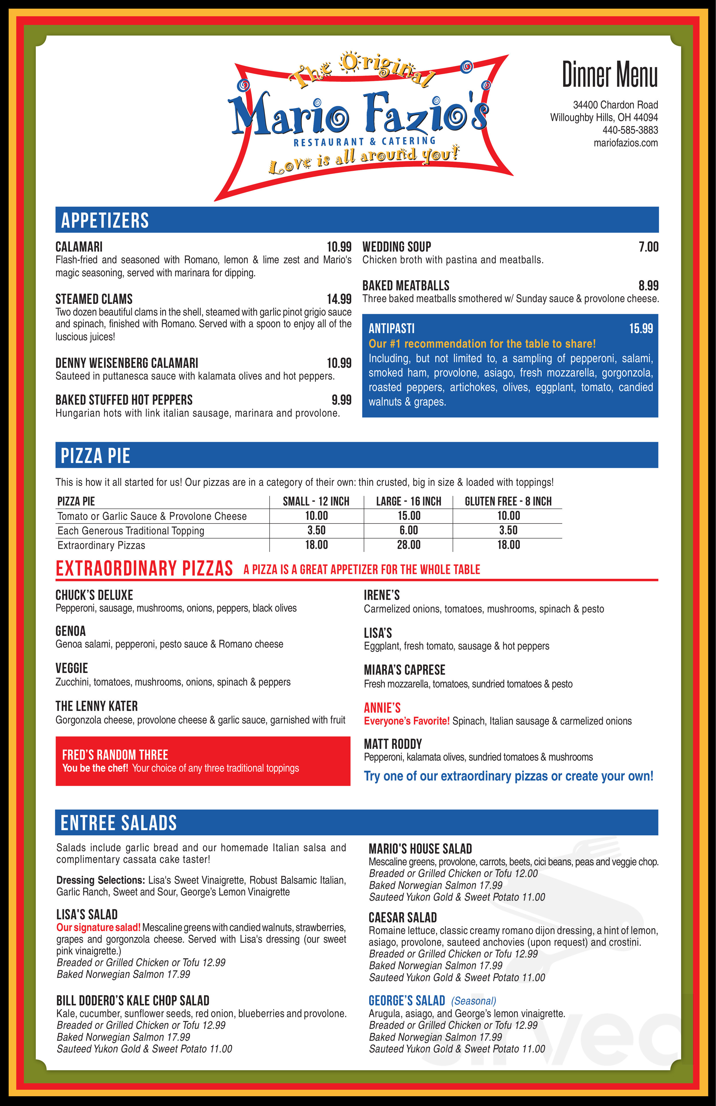 The Original Mario Fazios menu in Willoughby Hills, Ohio, USA