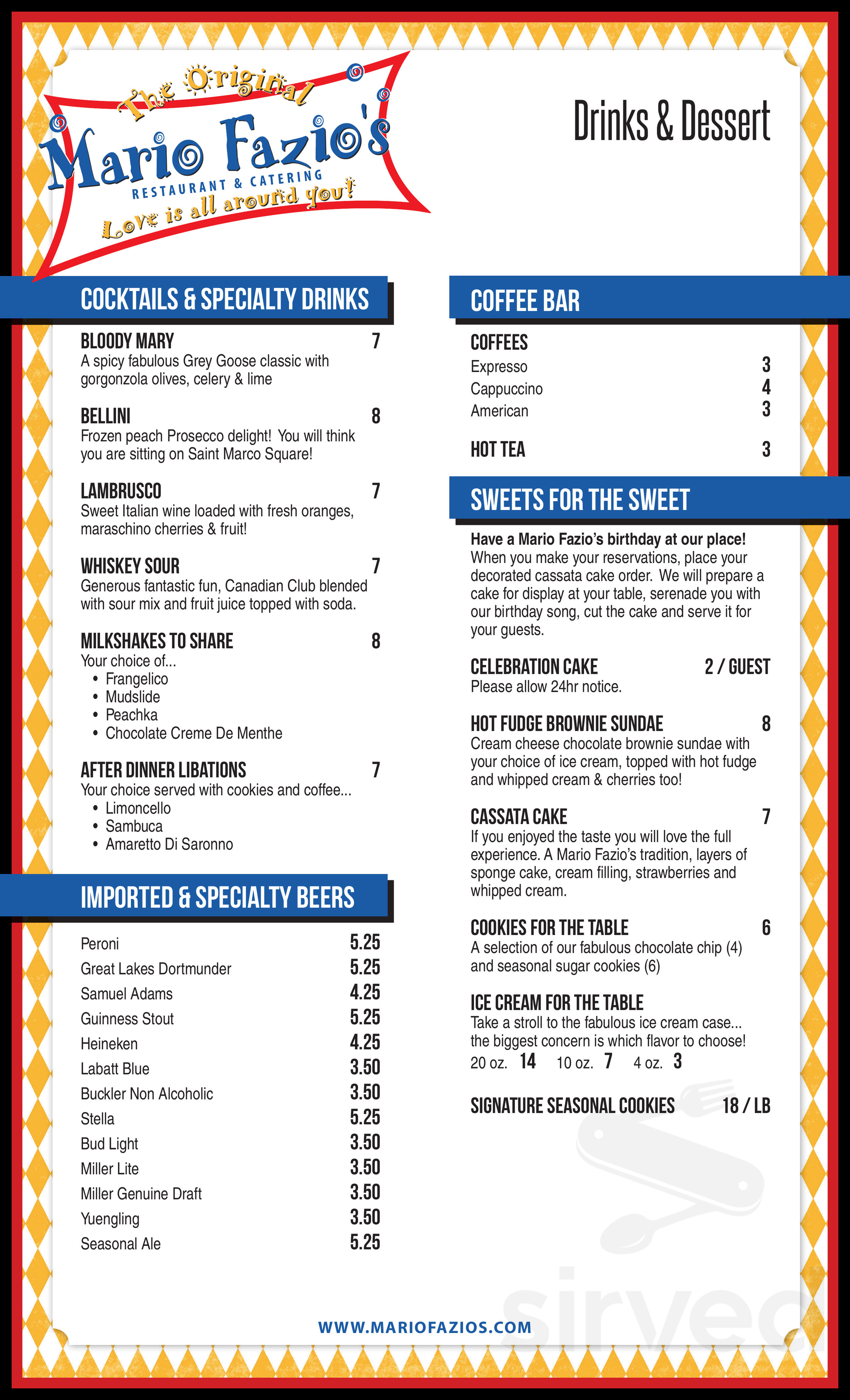 The Original Mario Fazios menu in Willoughby Hills, Ohio, USA