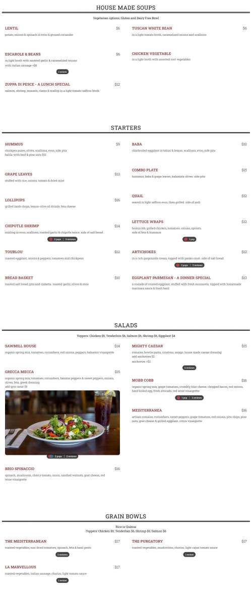 The Sawmill menu in Rochester, New York, USA