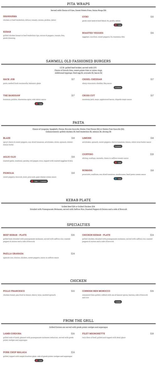 The Sawmill menu in Rochester, New York, USA