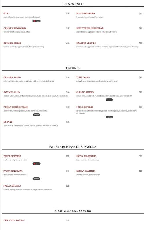 The Sawmill menu in Rochester, New York, USA