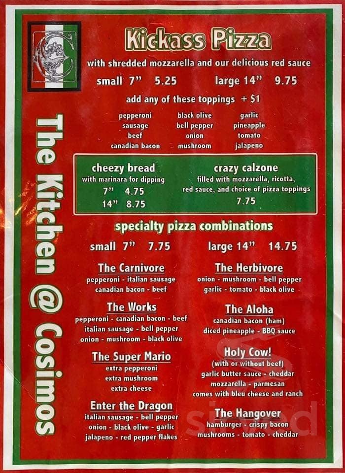 Cosimo's Bar menu in New Orleans, Louisiana, USA