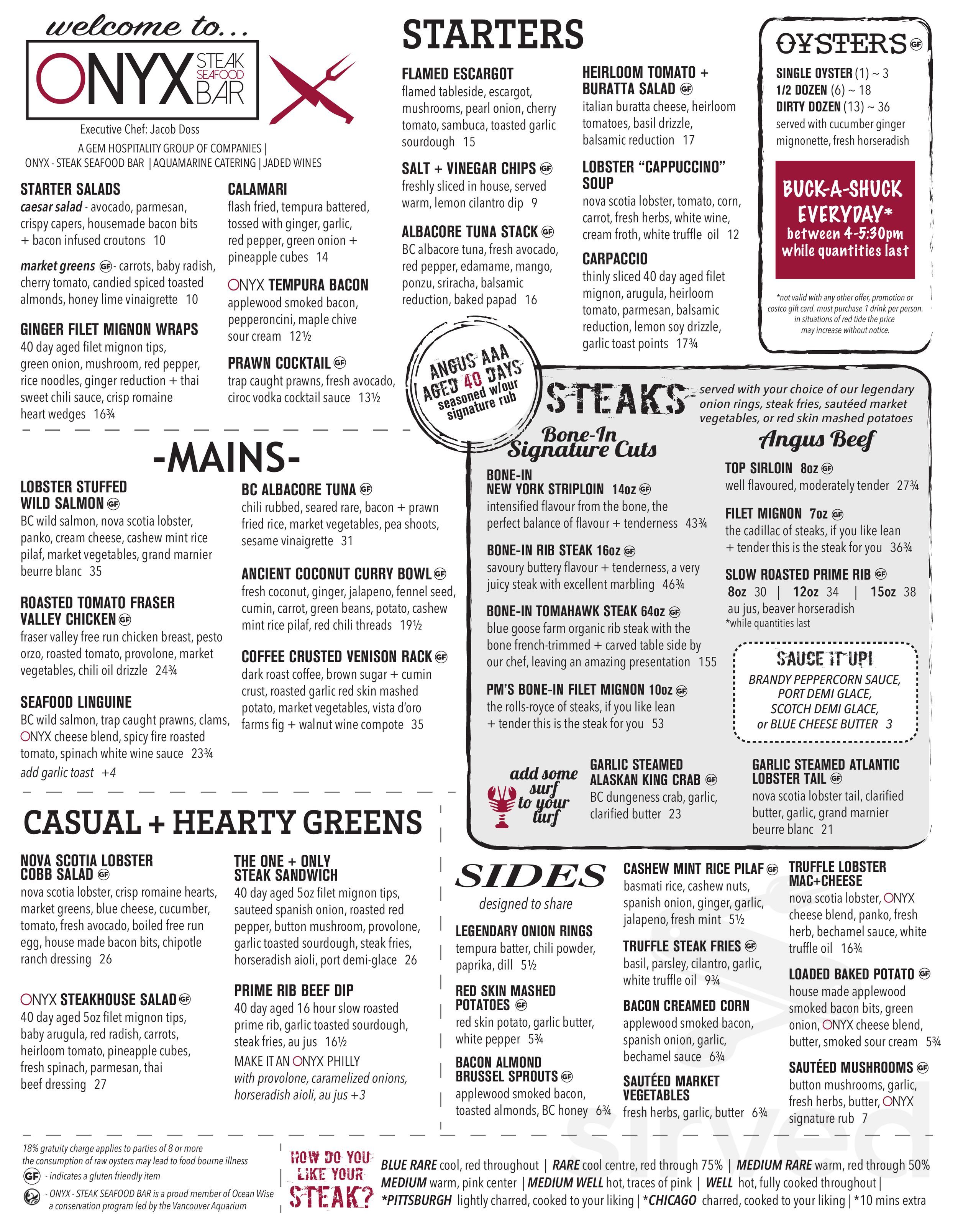 ONYX Steakhouse menu in White Rock, British Columbia, Canada
